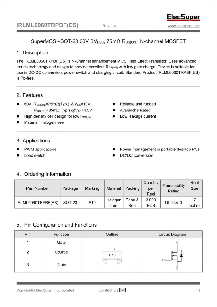 IRLML0060TRPBF(ES) datasheet page 1