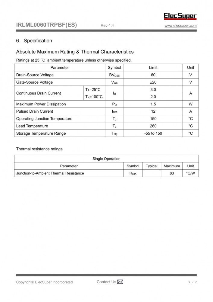 IRLML0060TRPBF(ES) datasheet page 2