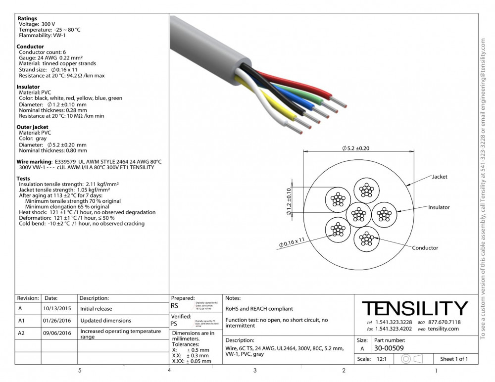 Tensility International 30-00509 cable specification drawing