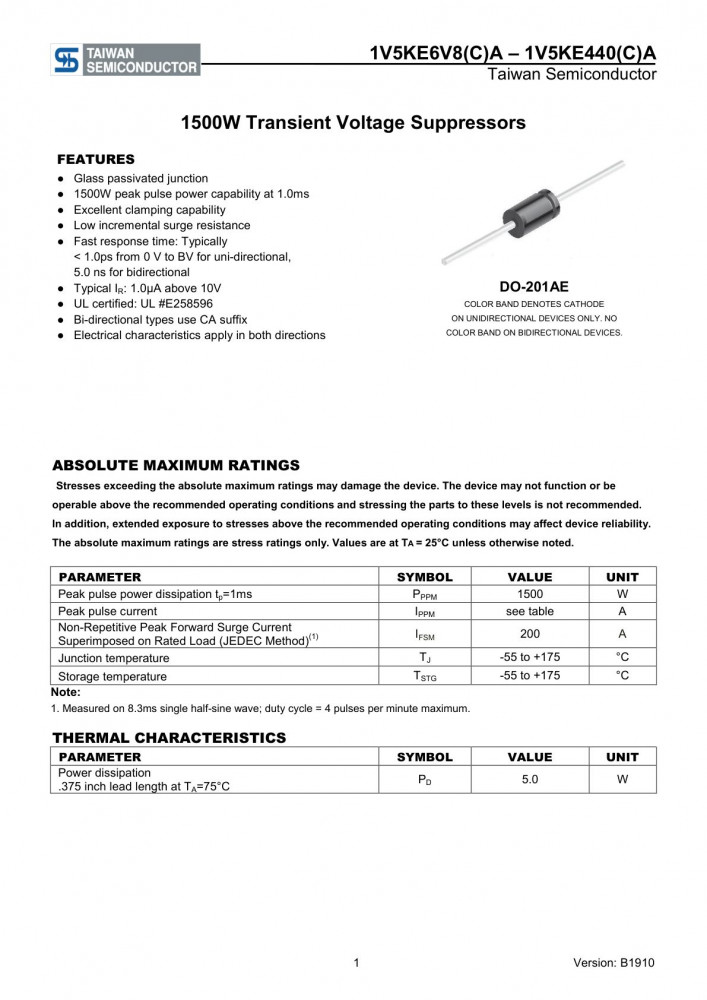 1V5KE series datasheet page 1
