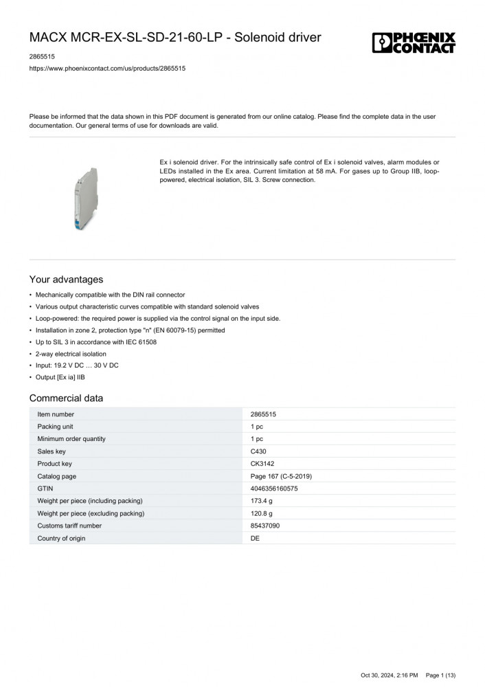 Phoenix Contact 2865515 technical document page 1