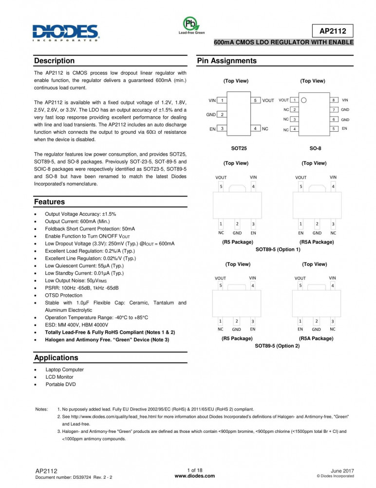 AP2112 datasheet page 1