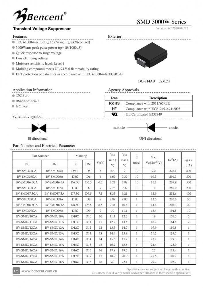 Bencent BV-SMDJ16CA datasheet page 1