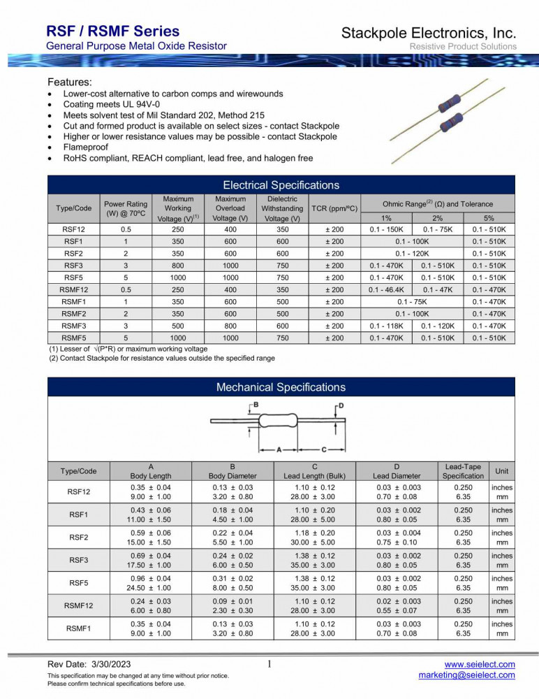 RSF series datasheet page 1