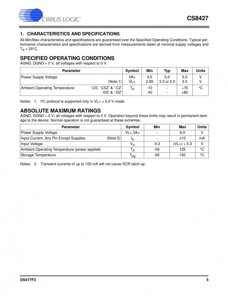 CS8427 datasheet page 5