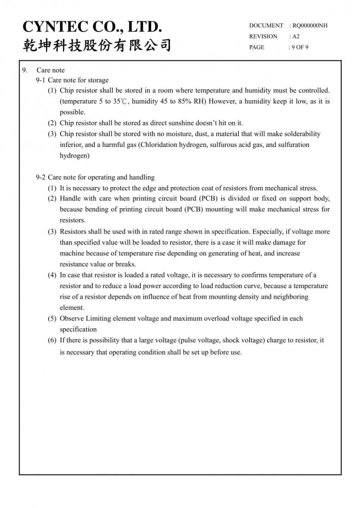 PFR02S specification page 9