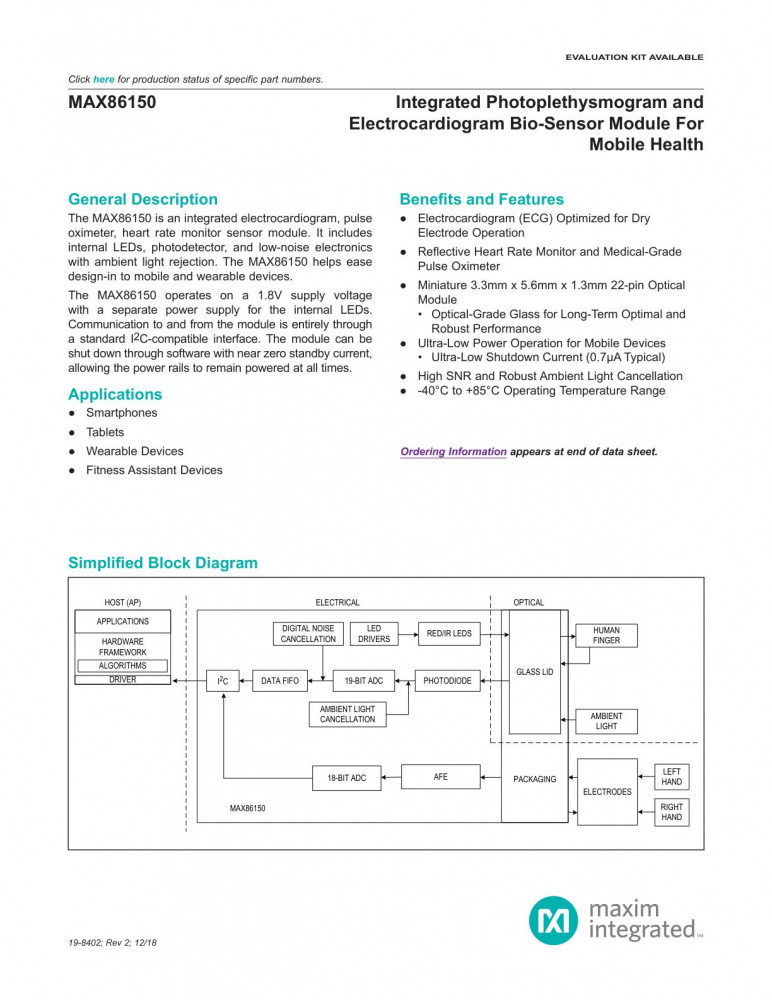 MAX86150 datasheet preview, page 1
