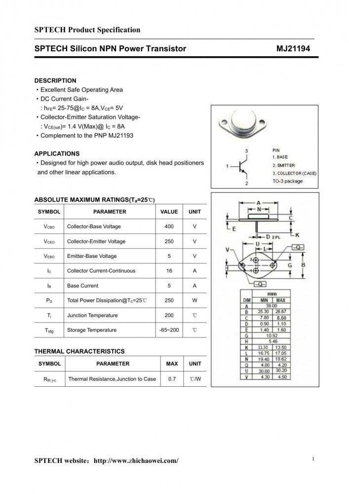 MJ21194 SPTECH datasheet page 1
