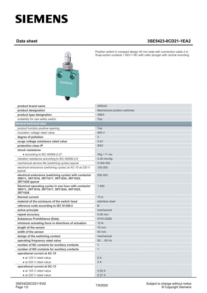 SIEMENS 3SE54230CD211EA2 datasheet page 1