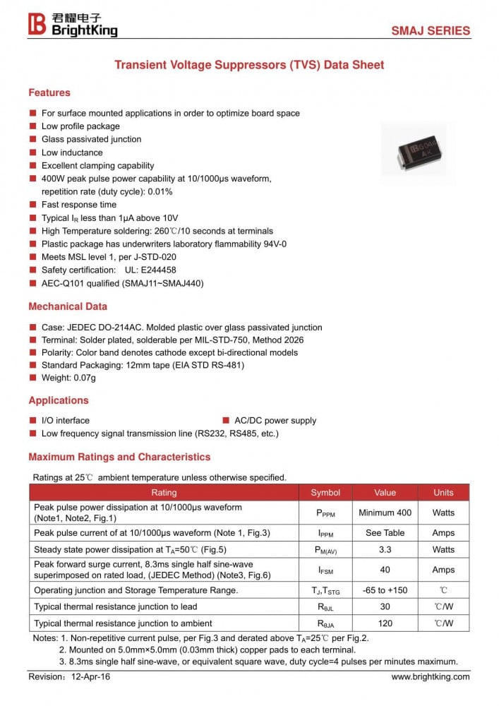 SMAJ series TVS datasheet page 1