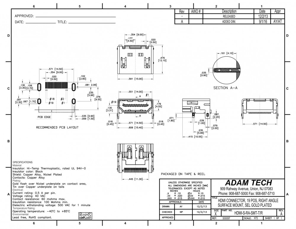 ADAM TECH HDMI-S-RA-SMT-T/R technical drawing page