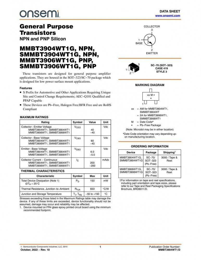SMMBT3904WT1G datasheet page 1