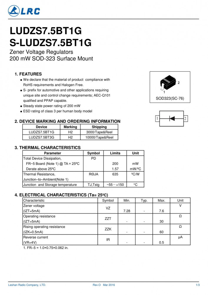 S-LUDZS7.5BT1G datasheet page 1