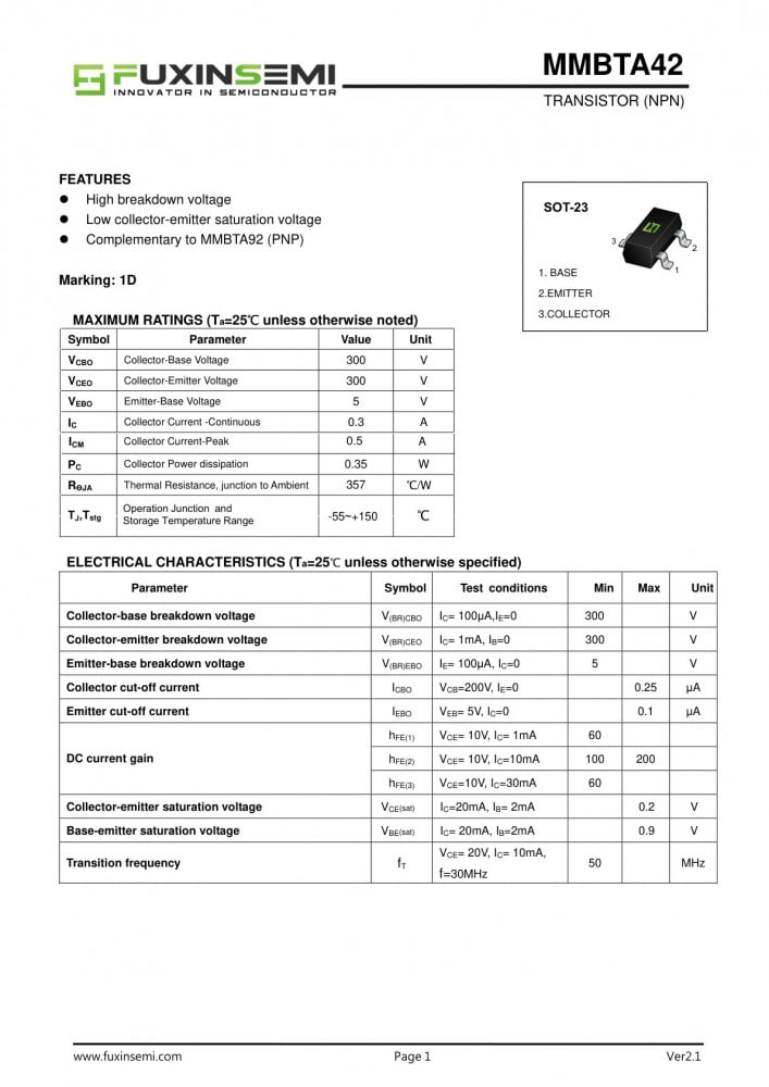 MMBTA42 datasheet page 1
