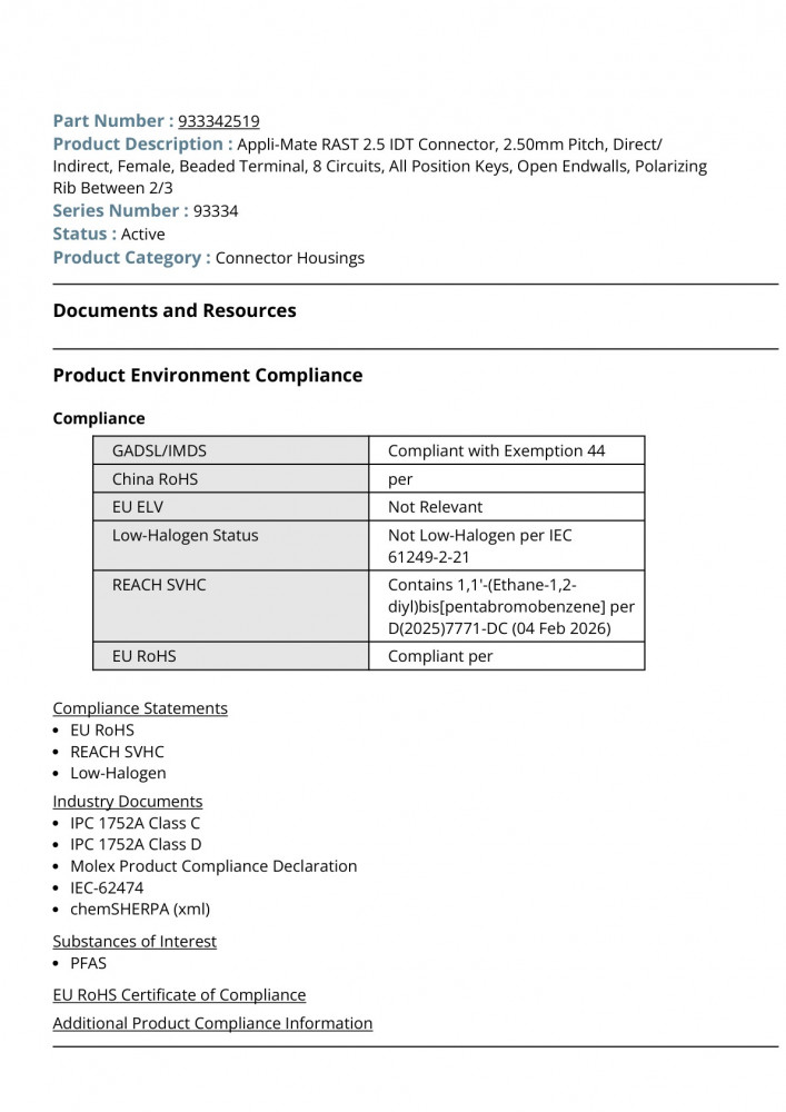 Technical document page 1 for MOLEX 933342519