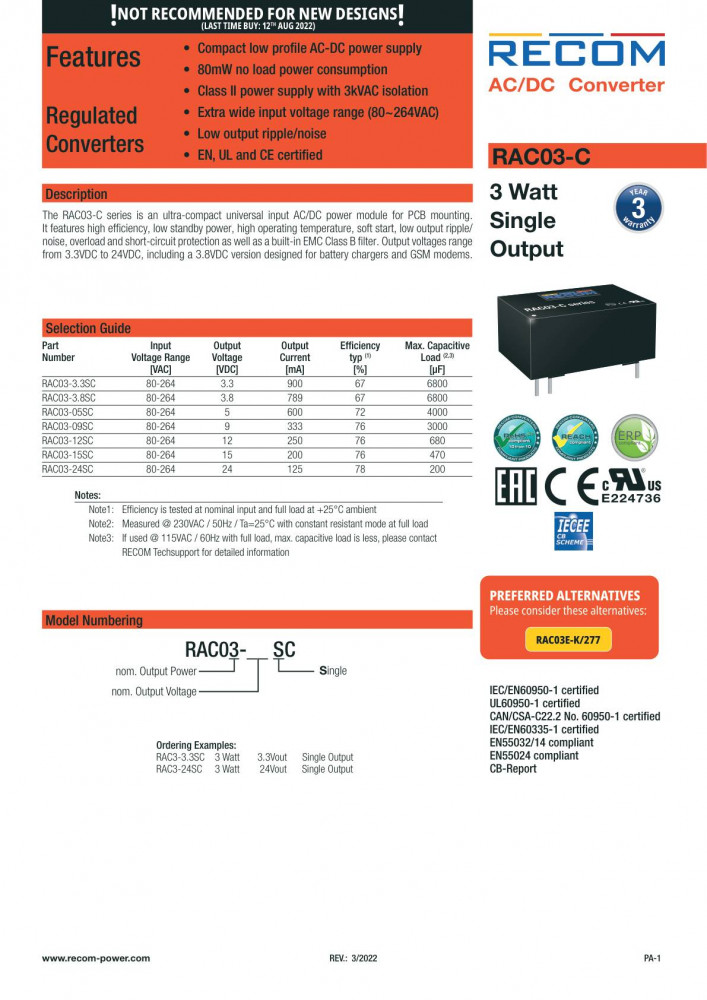 RAC03-C datasheet image, page 1