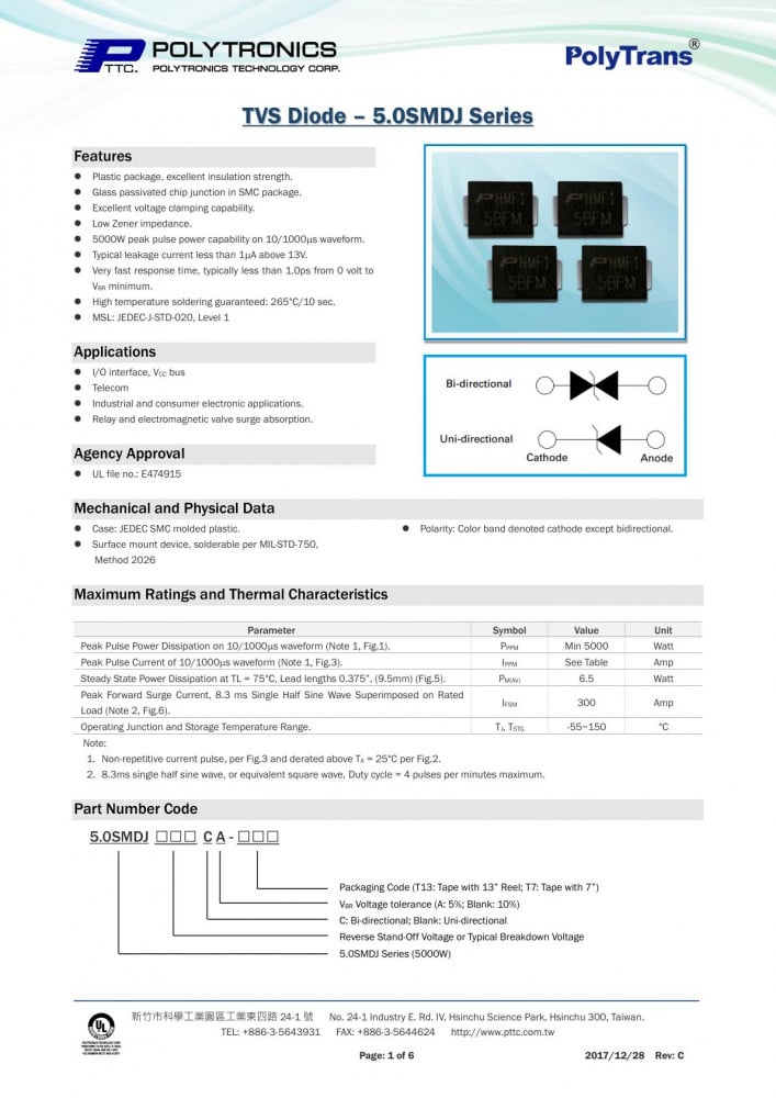 5.0SMDJ series datasheet page 1