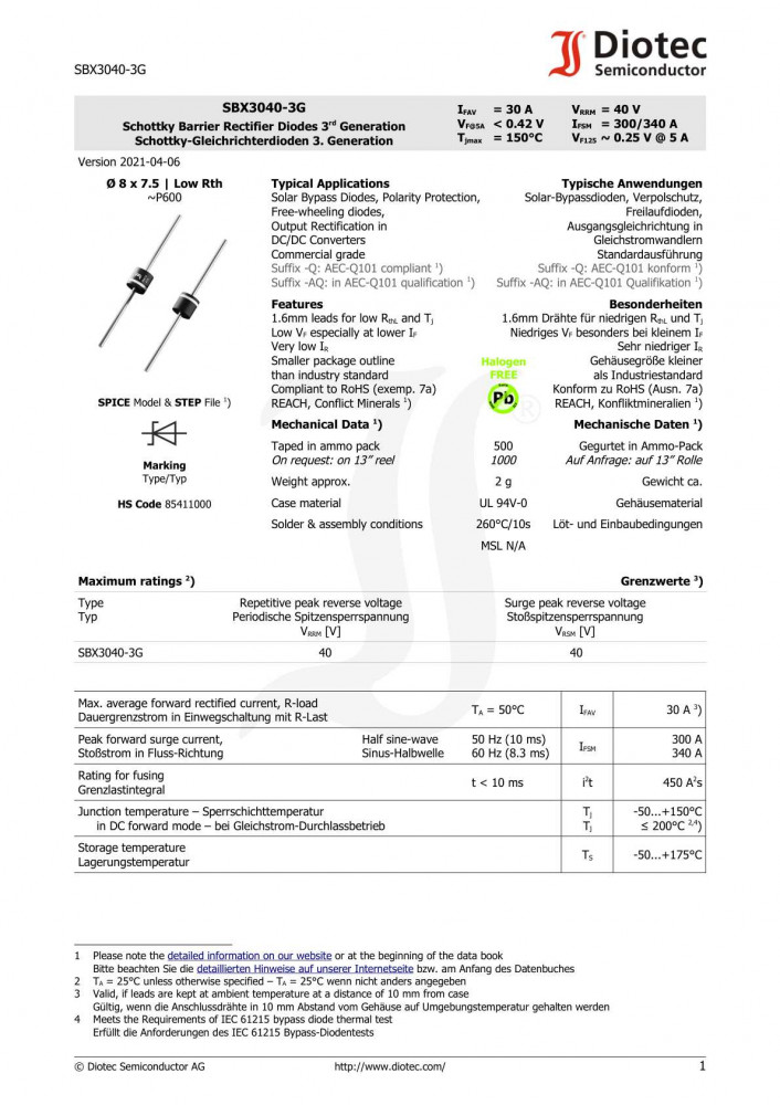 DIOTEC SBX3040-3G datasheet page 1