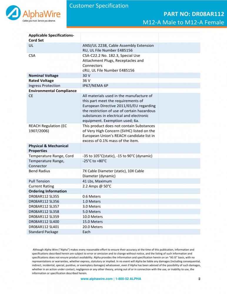 Alpha Wire DR08AR112 SL357 technical document page 2