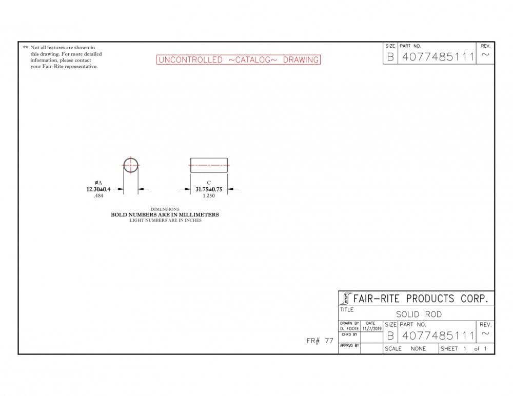 Fair-Rite 4077485111 solid rod drawing