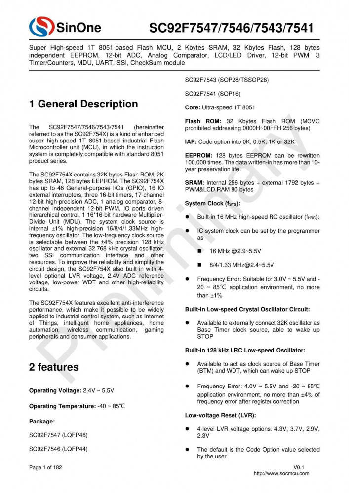 SC92F754X datasheet preview, page 1