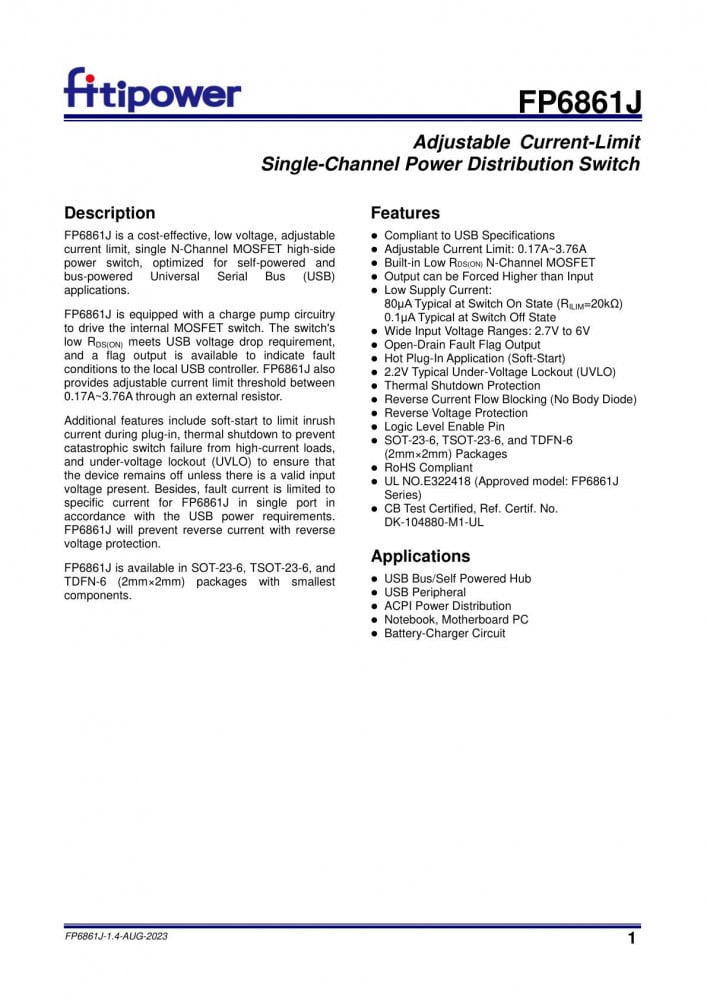 FP6861J datasheet page 1