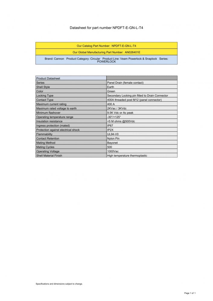 ITT CANNON AN026401E product datasheet preview