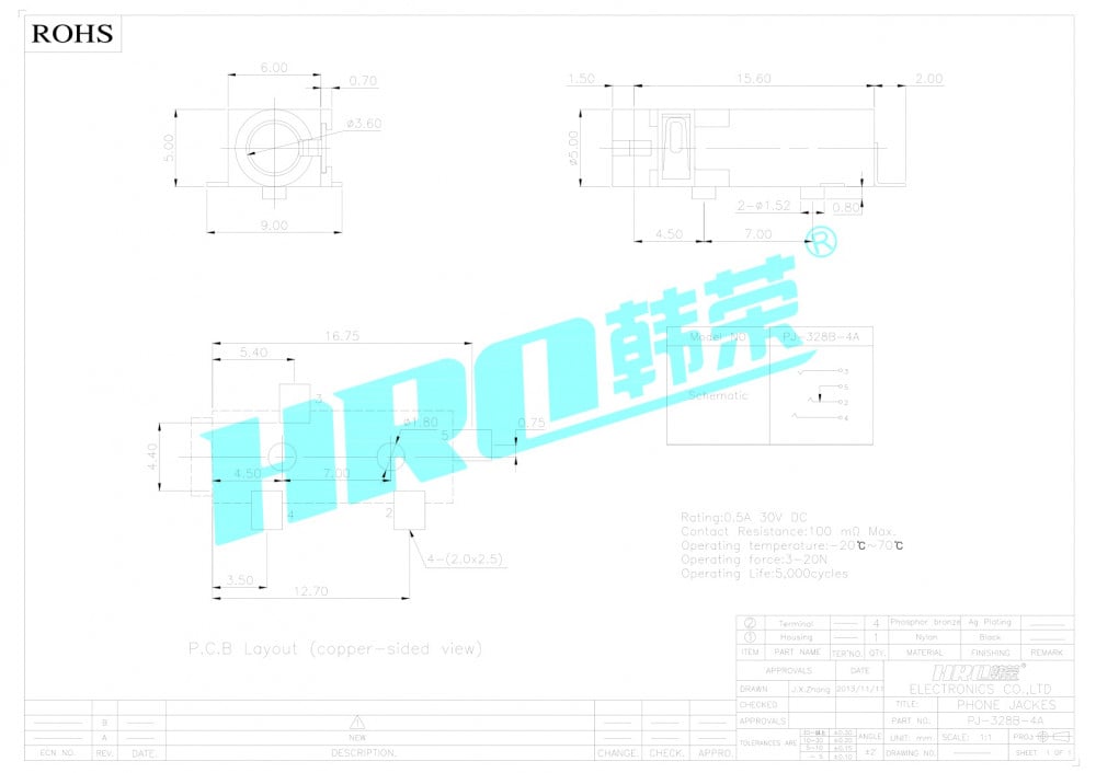 Korean Hroparts Elec PJ-328B-4A phone jack datasheet drawing