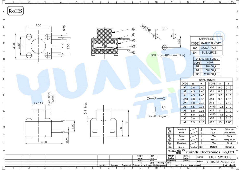 Yuandi TS-1091B tactile switch technical drawing