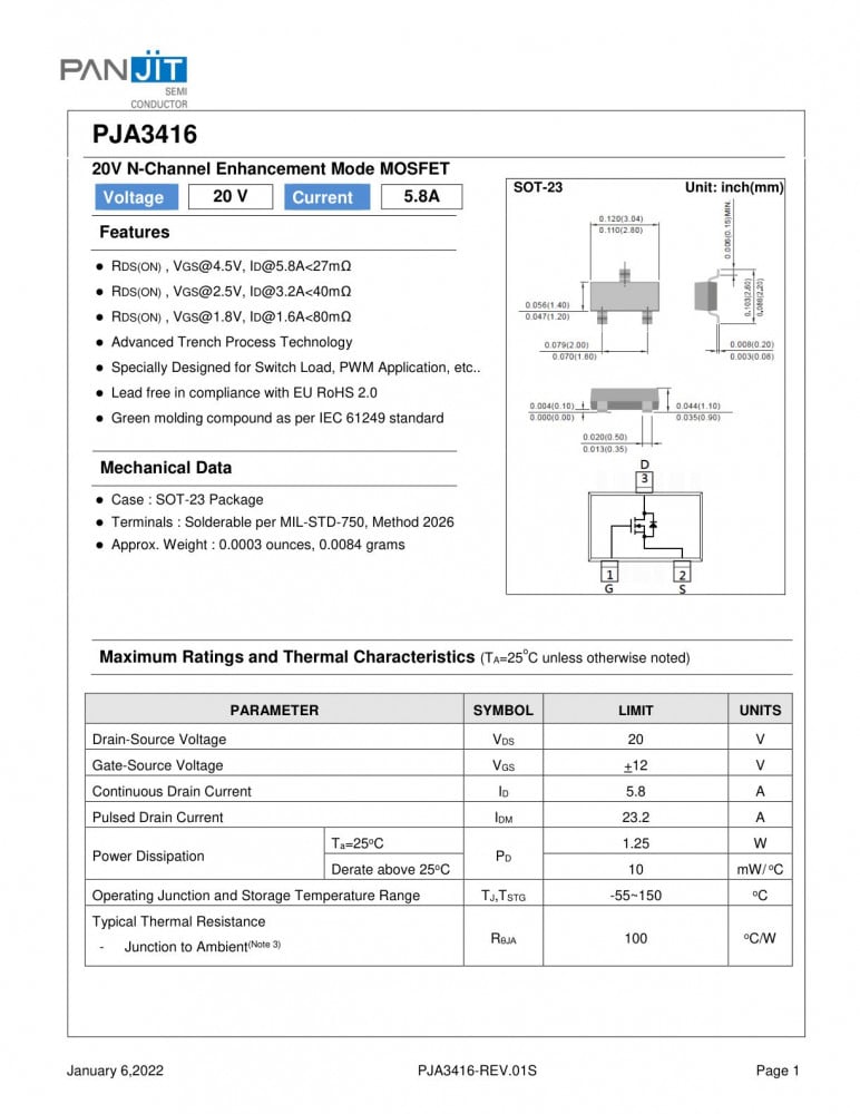 PJA3416 datasheet page 1