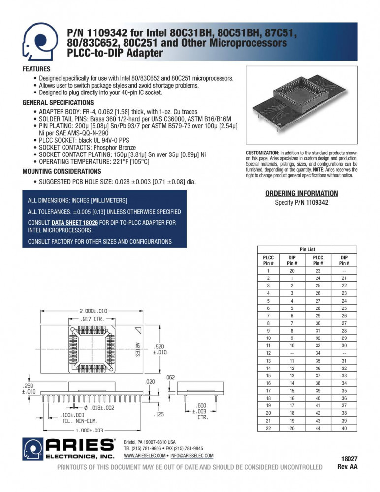 Aries Electronics 18027 adapter technical drawing