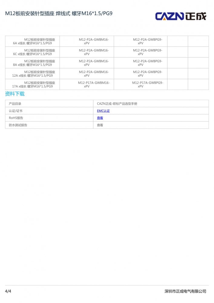CAZN M12 connector technical document page 4