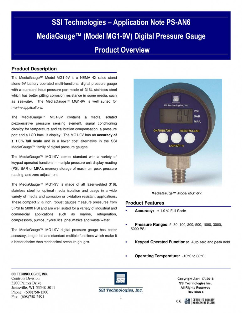 MG1-9V digital pressure gauge document page 1
