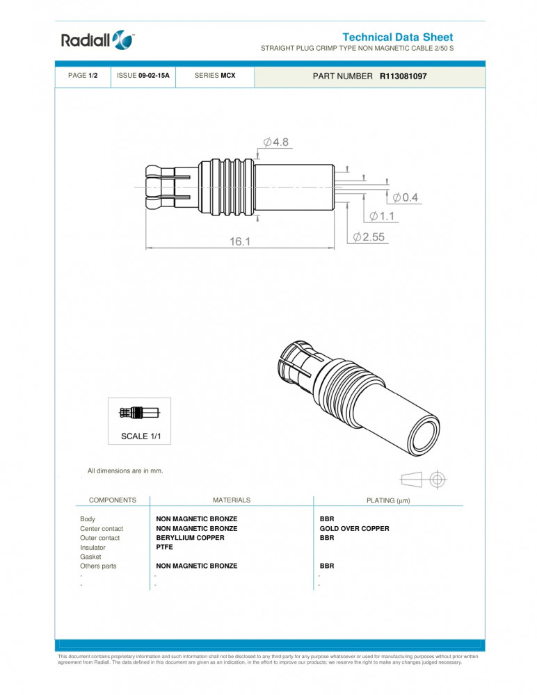 Radiall R113081097 datasheet page 1, mechanical drawing and materials