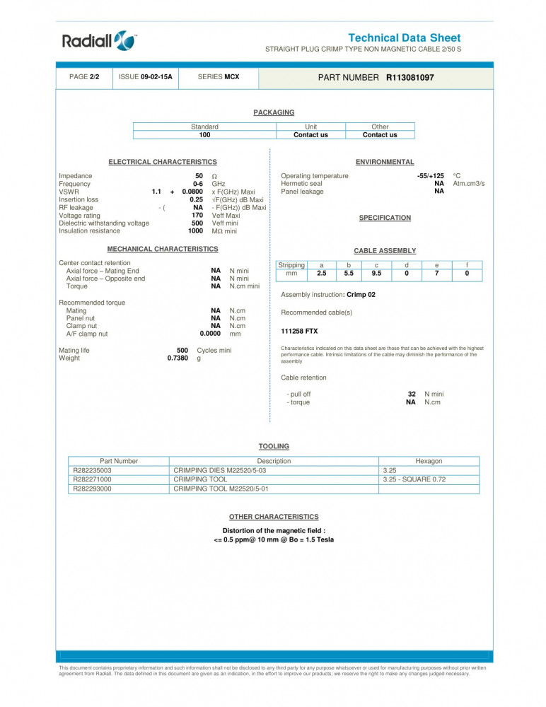 Radiall R113081097 datasheet page 2, electrical, mechanical, environmental and assembly specifications