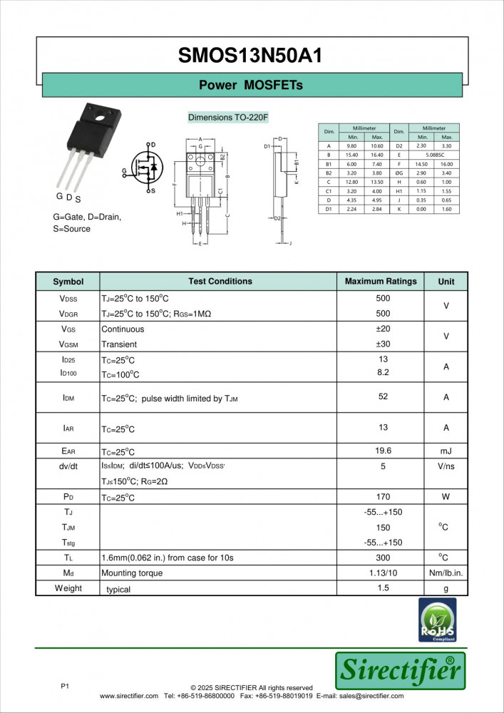 SMOS13N50A1 datasheet page 1