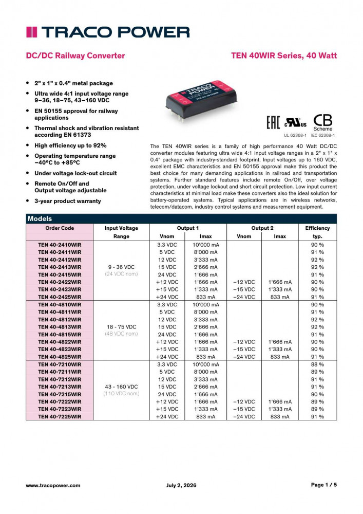 TEN 40WIR datasheet preview, page 1