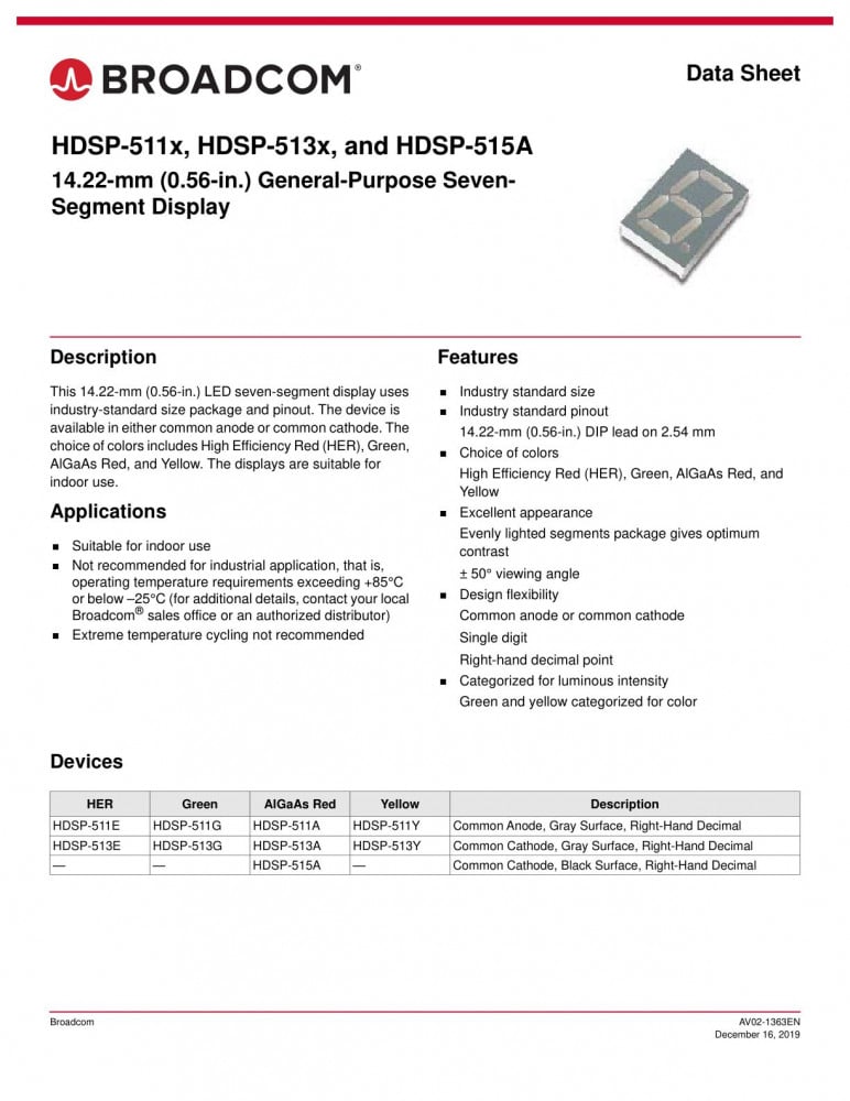 HDSP-513Y datasheet page 1