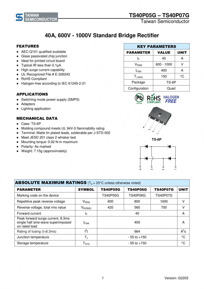 TS40P06G technical document page 1