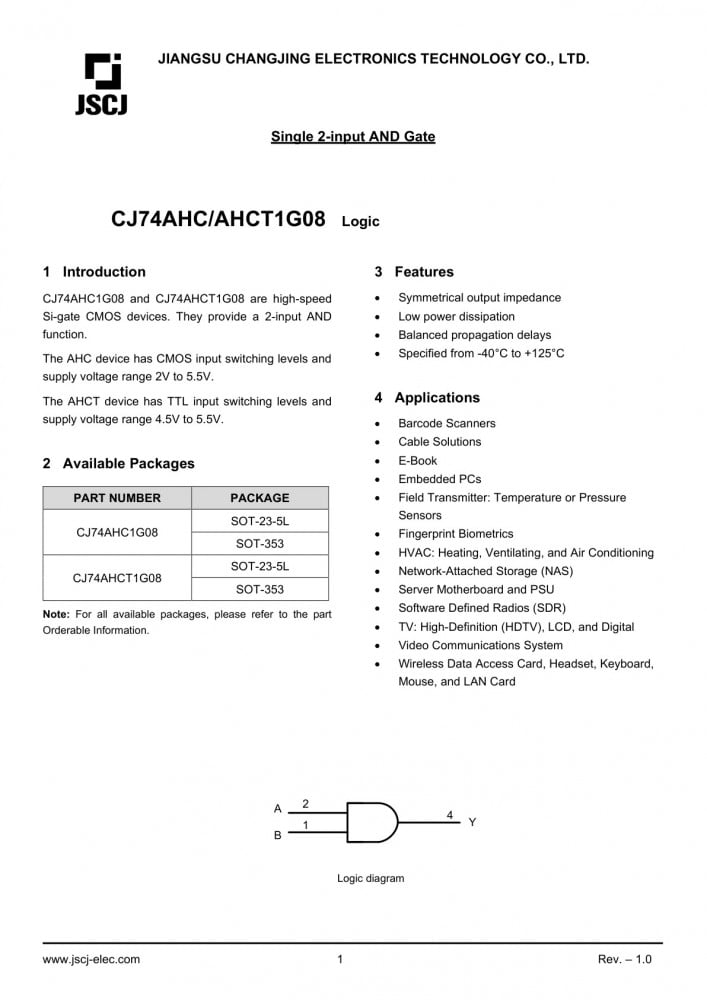 CJ74AHC1G08 datasheet page 1