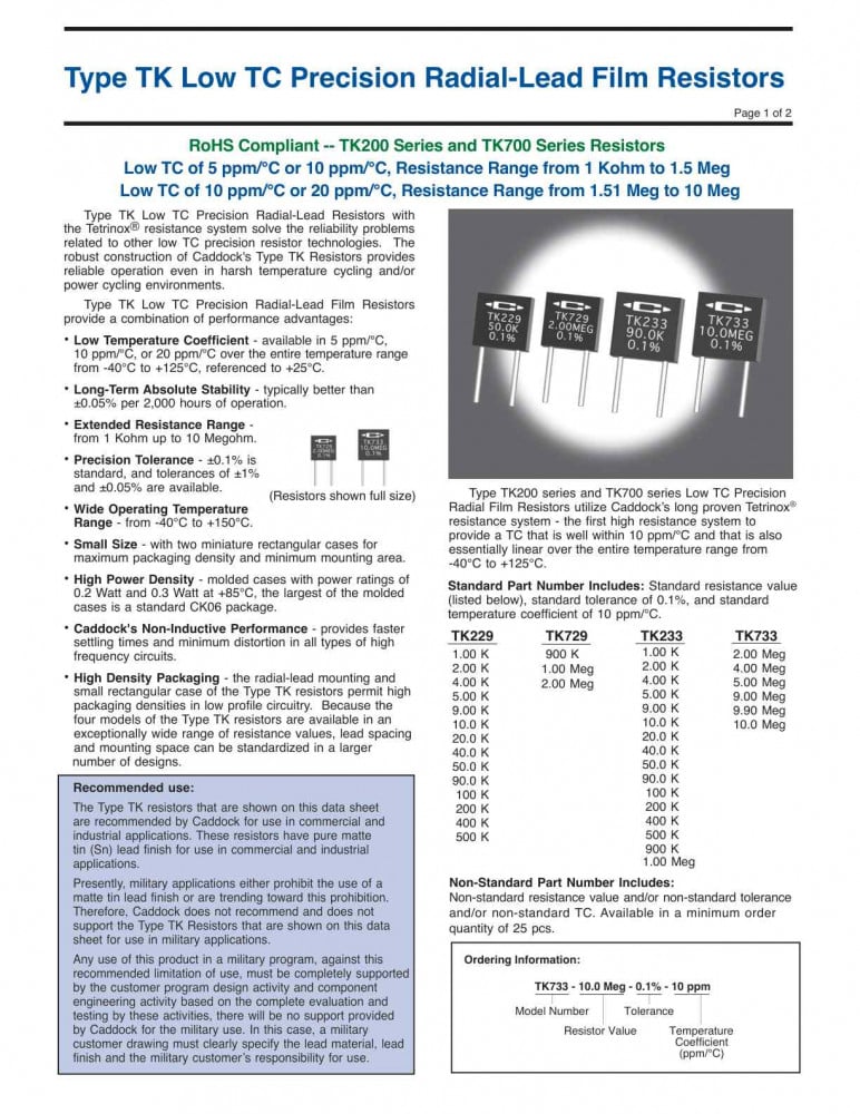 Caddock Type TK resistor datasheet page 1