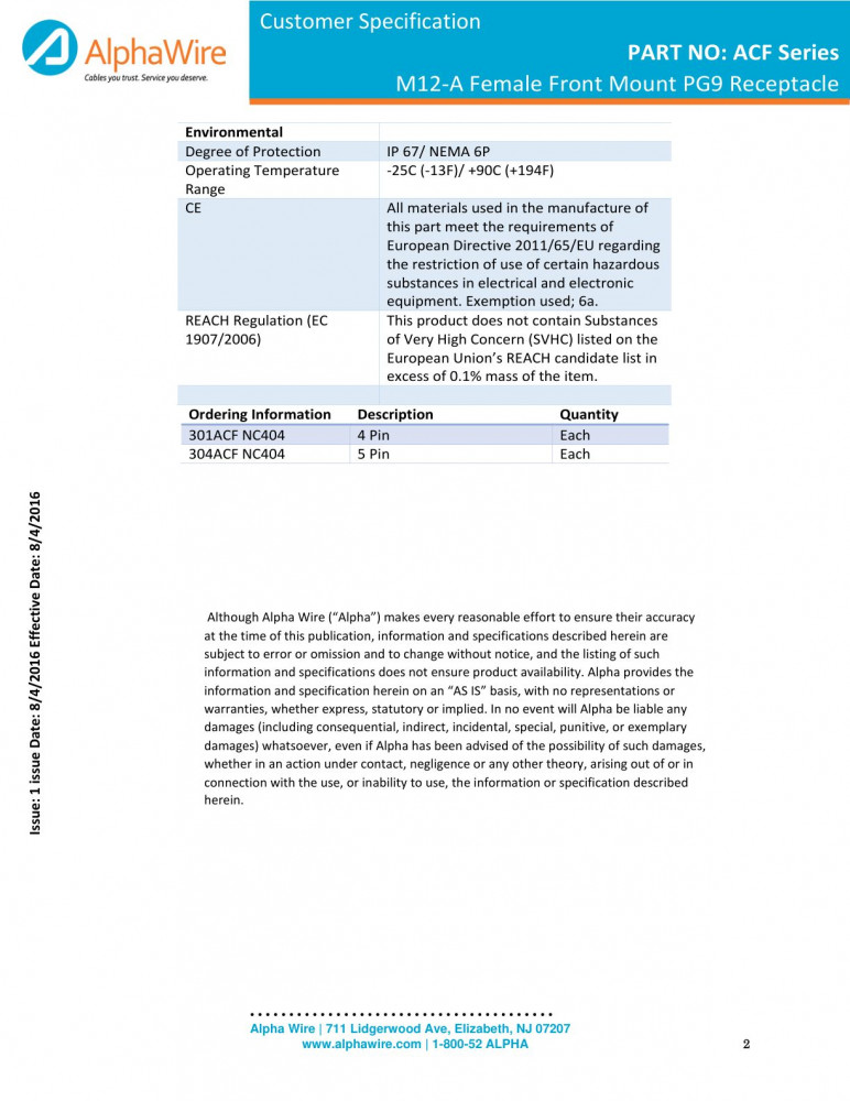Alpha Wire 301ACF NC404 environmental and ordering information