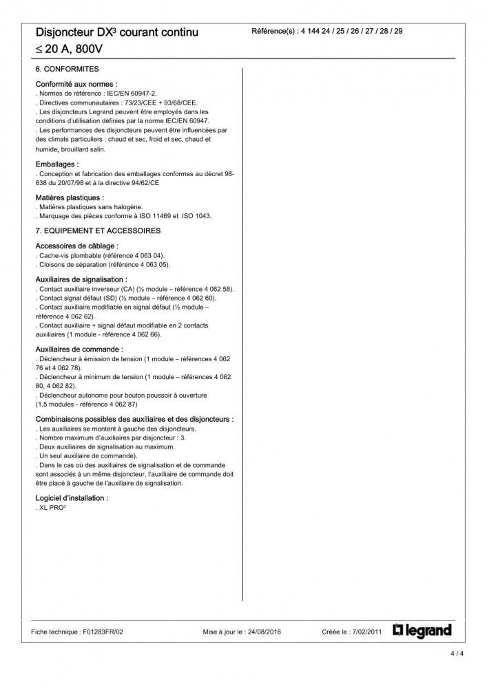 Legrand DX³ DC breaker technical document, page 4