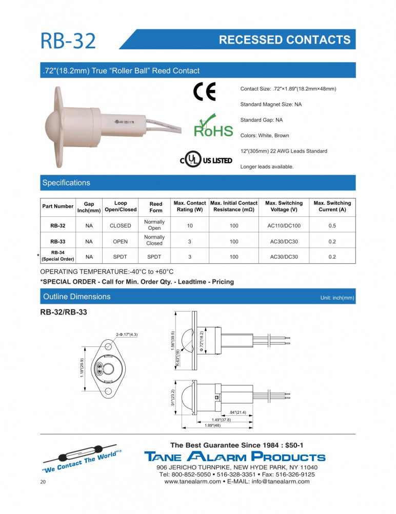 TANE ALARM PRODUCTS RB-32 document image, page 1