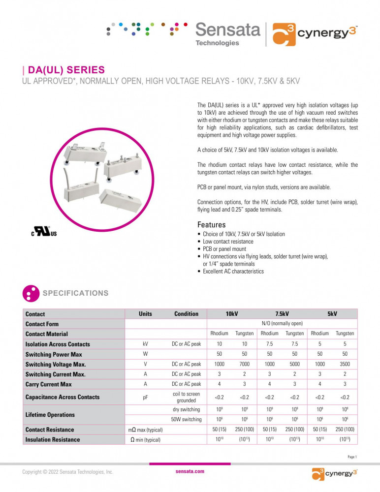 Sensata DA series datasheet page 1