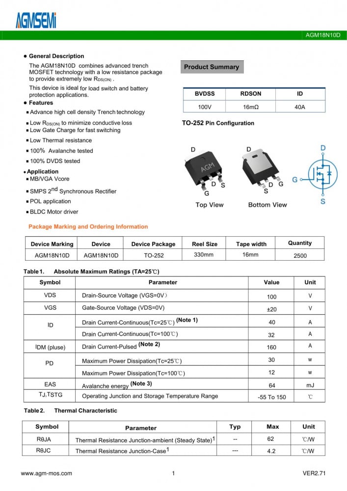 AGM18N10D datasheet page 1