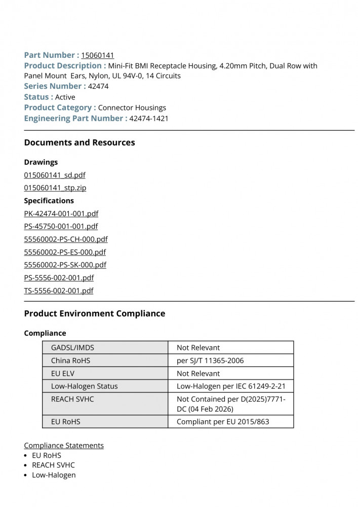 Mini-Fit Plus HCS specification preview, page 1