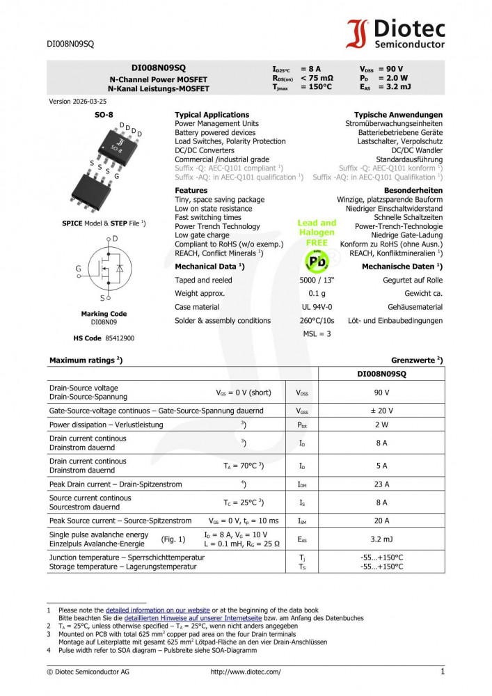 DIOTEC DI008N09SQ technical document page 1