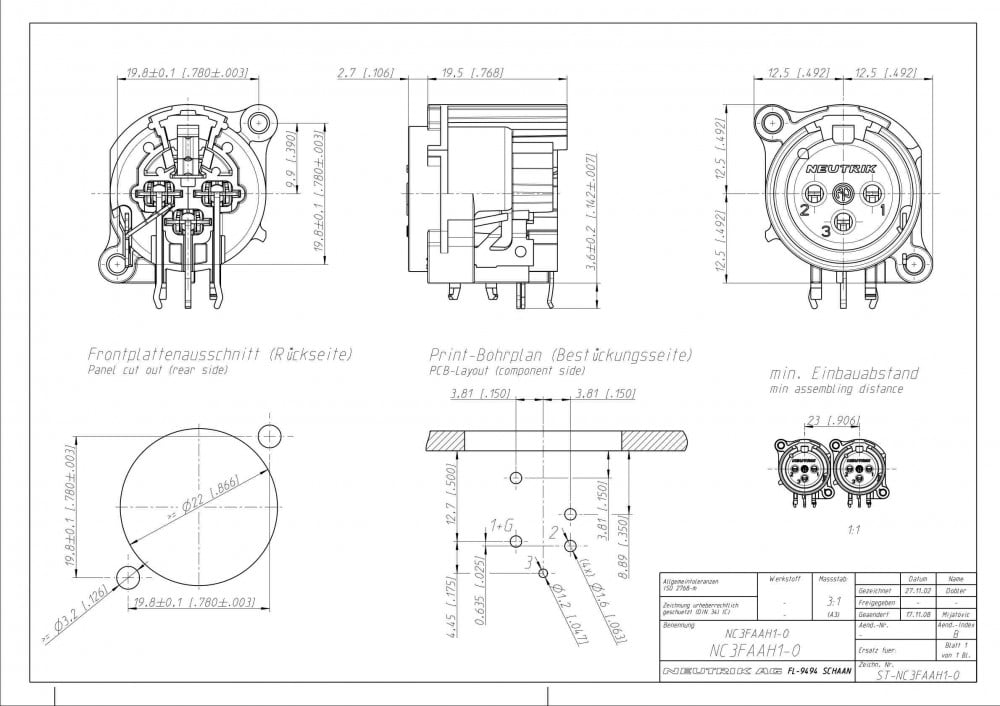 Neutrik NC3FAAH1-0 technical drawing