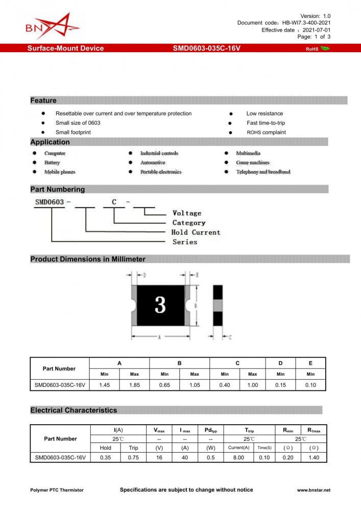BNstar SMD0603-035C-16V datasheet page 1